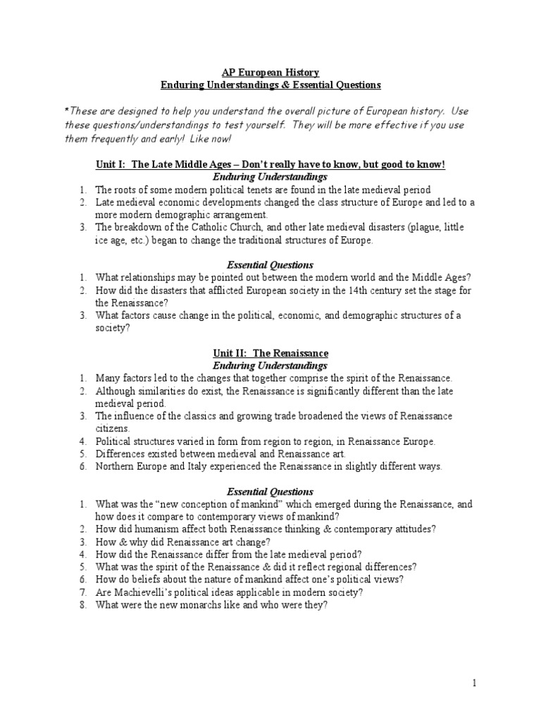 Essential Questions and Enduring Understandings for AP European History ...