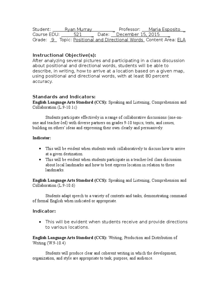 List of Positional and Directional Words | PDF | Reading Comprehension ...
