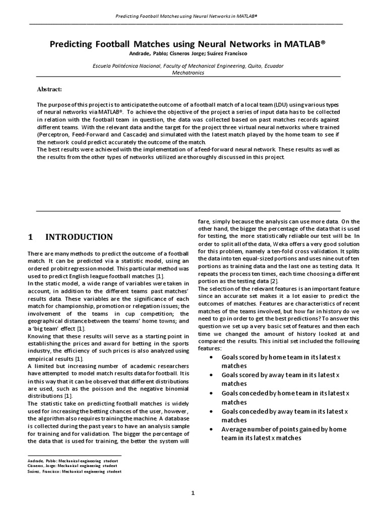 Predicting Football Matches Using Neural Networks in MATLAB | PDF | Bayesian Network | Prediction