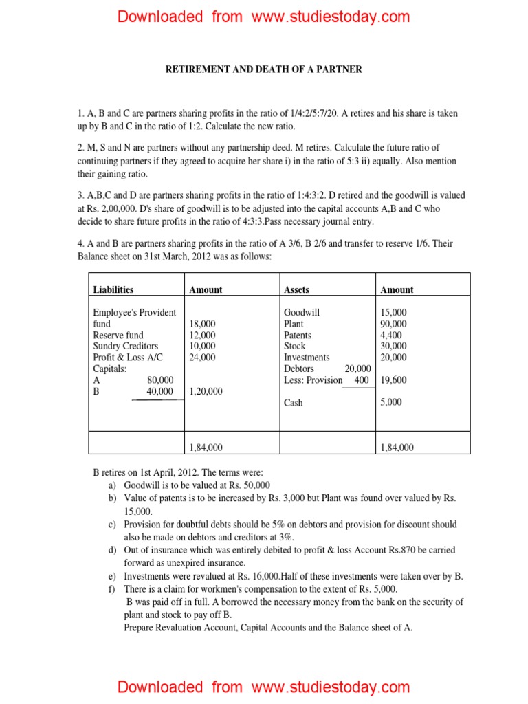 CBSE Class 12 Accountancy - Retirement and Death of Partner PDF | PDF ...
