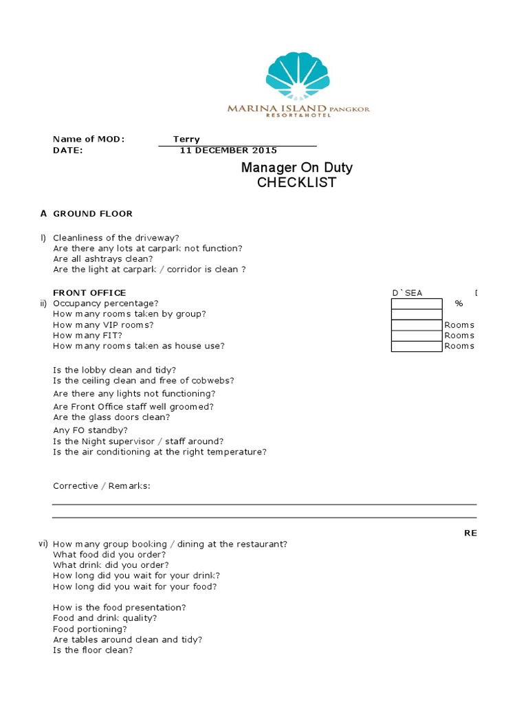 Manager On Duty Checklist: Name of MOD: Terry Date: 11 December 2015 ...