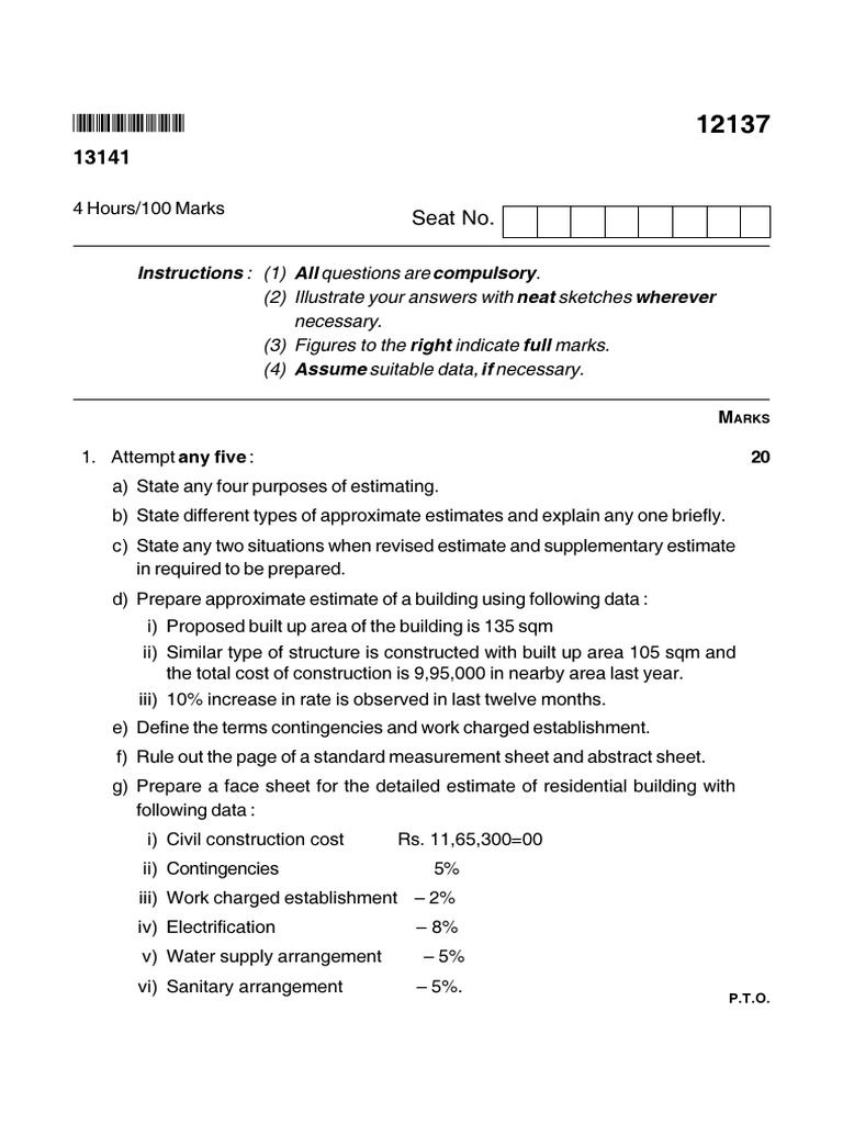 Estimating and Costing Question Paper | PDF | Masonry | Building ...
