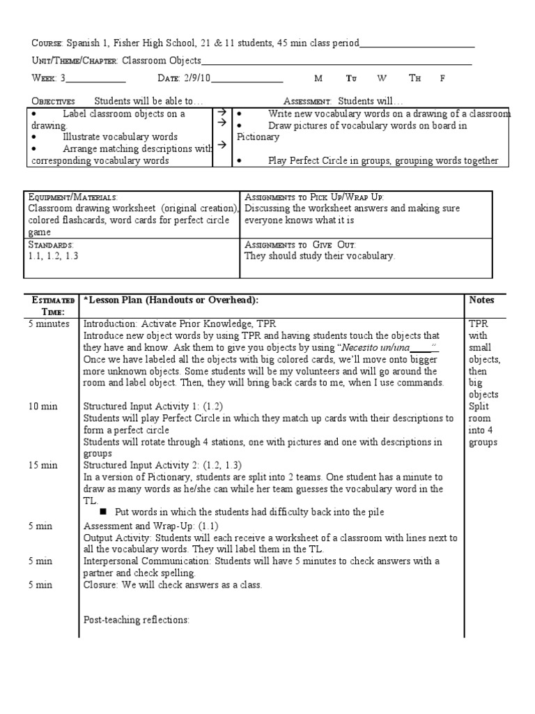 Classroom Objects Lesson Plan Pdf Lesson Plan Vocabulary