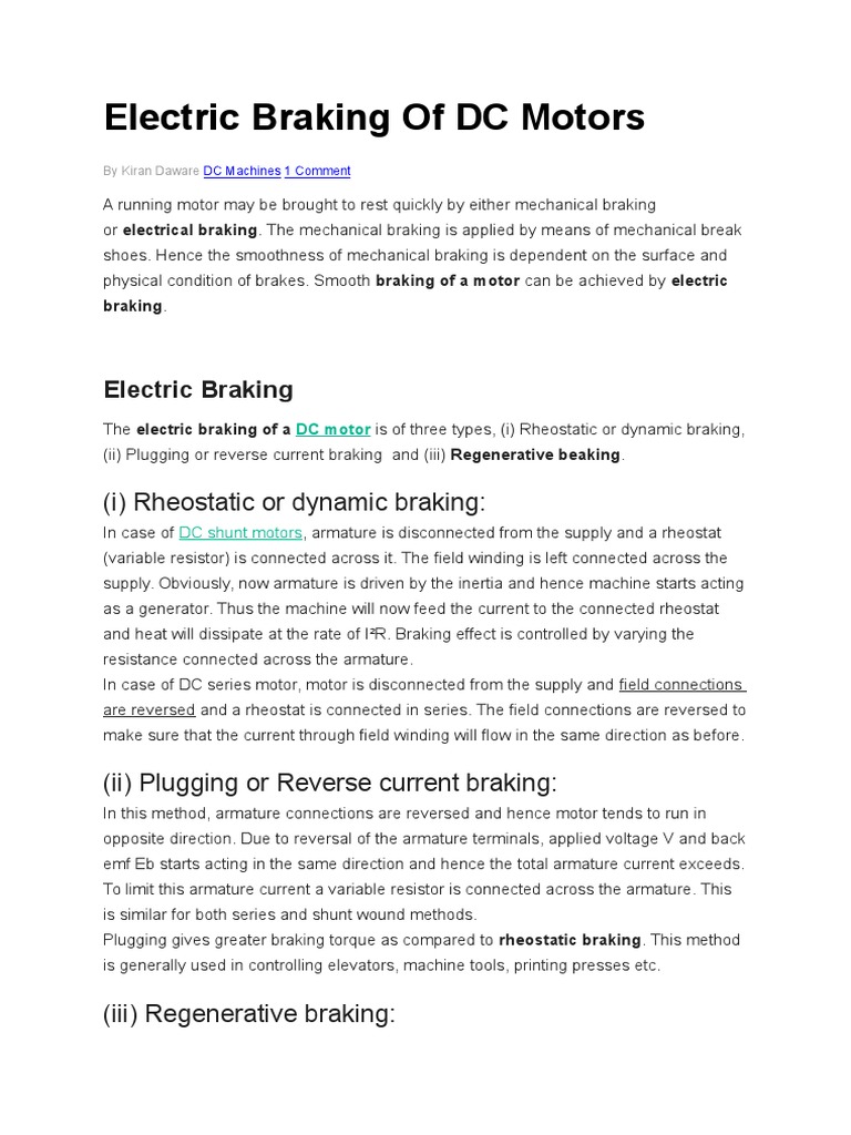 Electric Braking of DC Motors | PDF | Brake | Electric Current