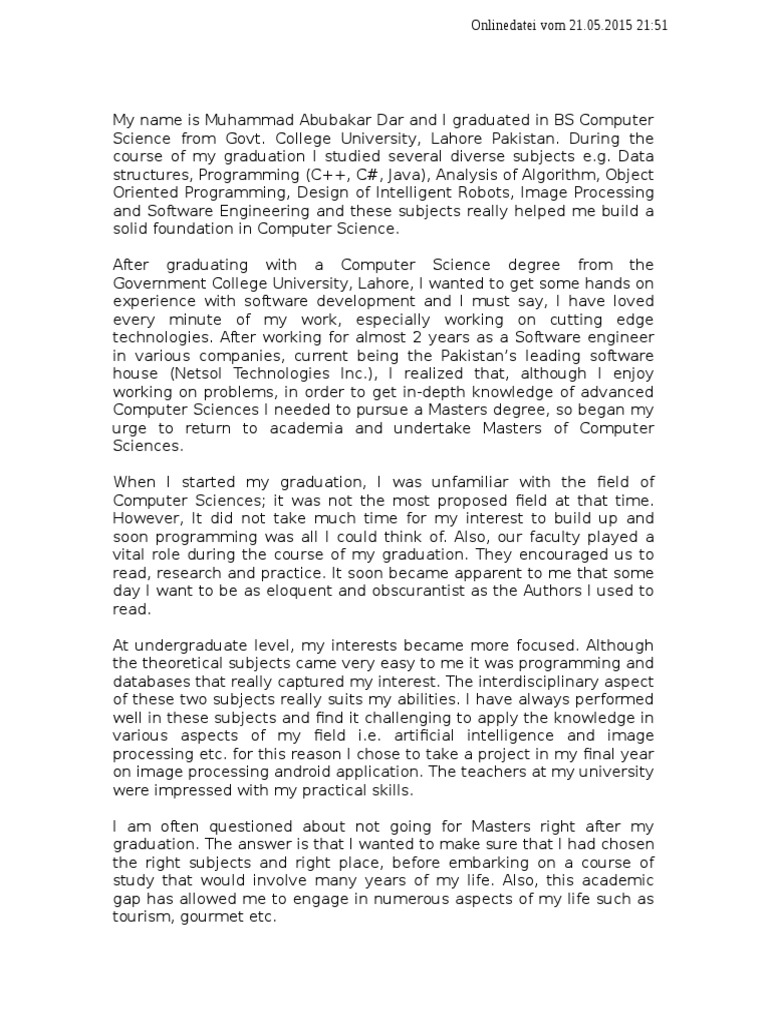 Motivation Letter | Computer Science | Master's Degree