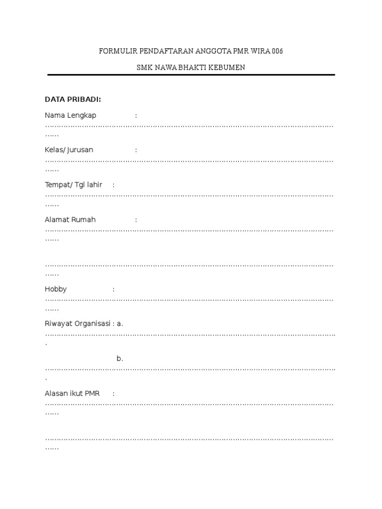 Formulir Pendaftaran Anggota PMR Wira 006 | PDF