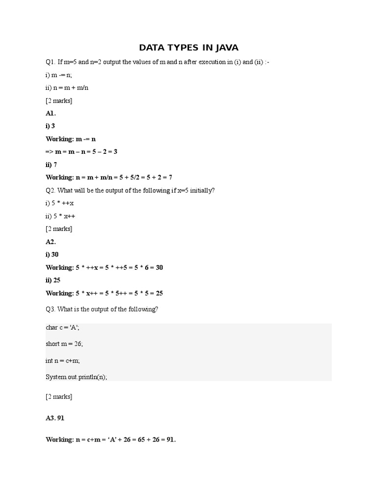 Data Types In Java A1 I 3 Working M N M M N 5 2 3 Ii 7