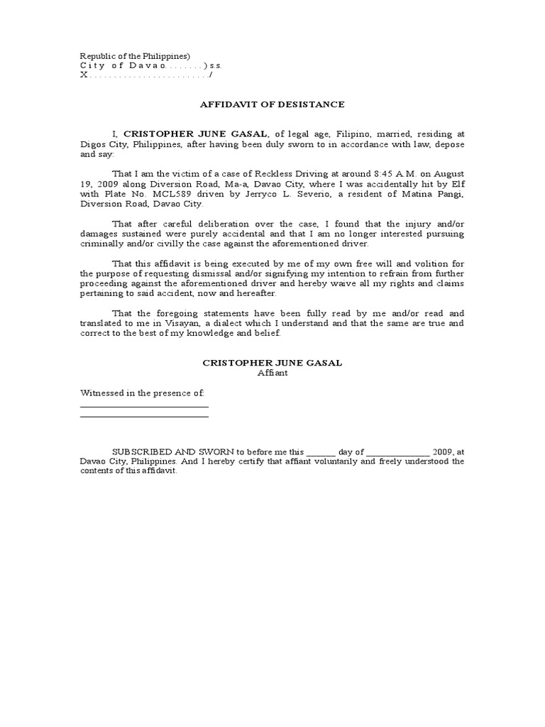 Aff. of Desistance | Affidavit | Philippines