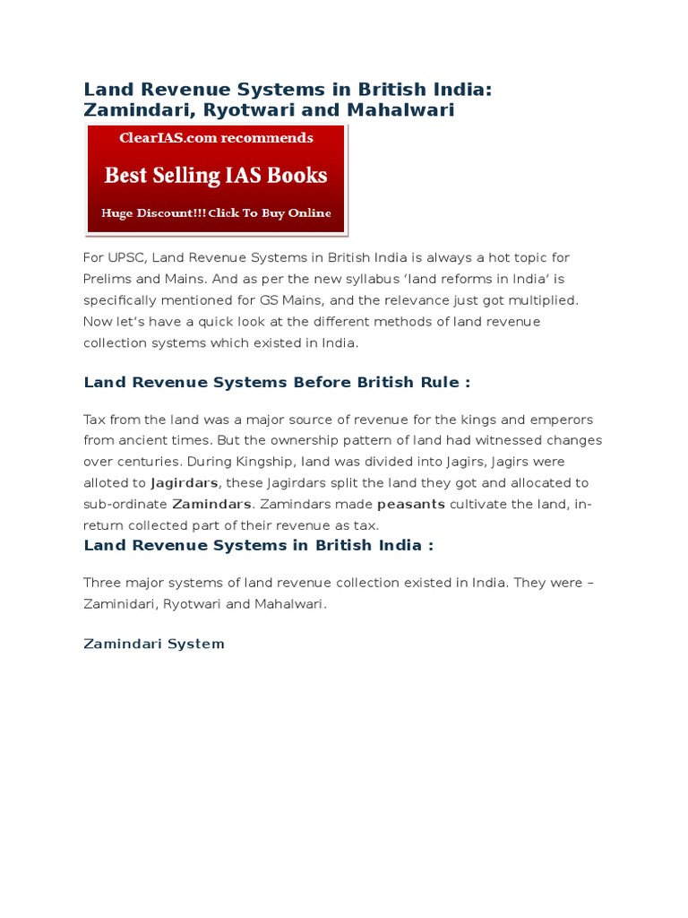 Land Revenue Systems in British India | India–United Kingdom Relations ...