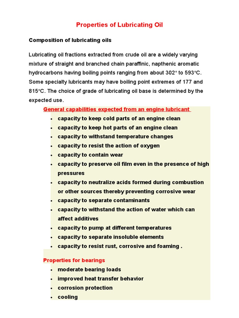 Key Properties of Lubricating Oil | PDF | Lubricant | Motor Oil
