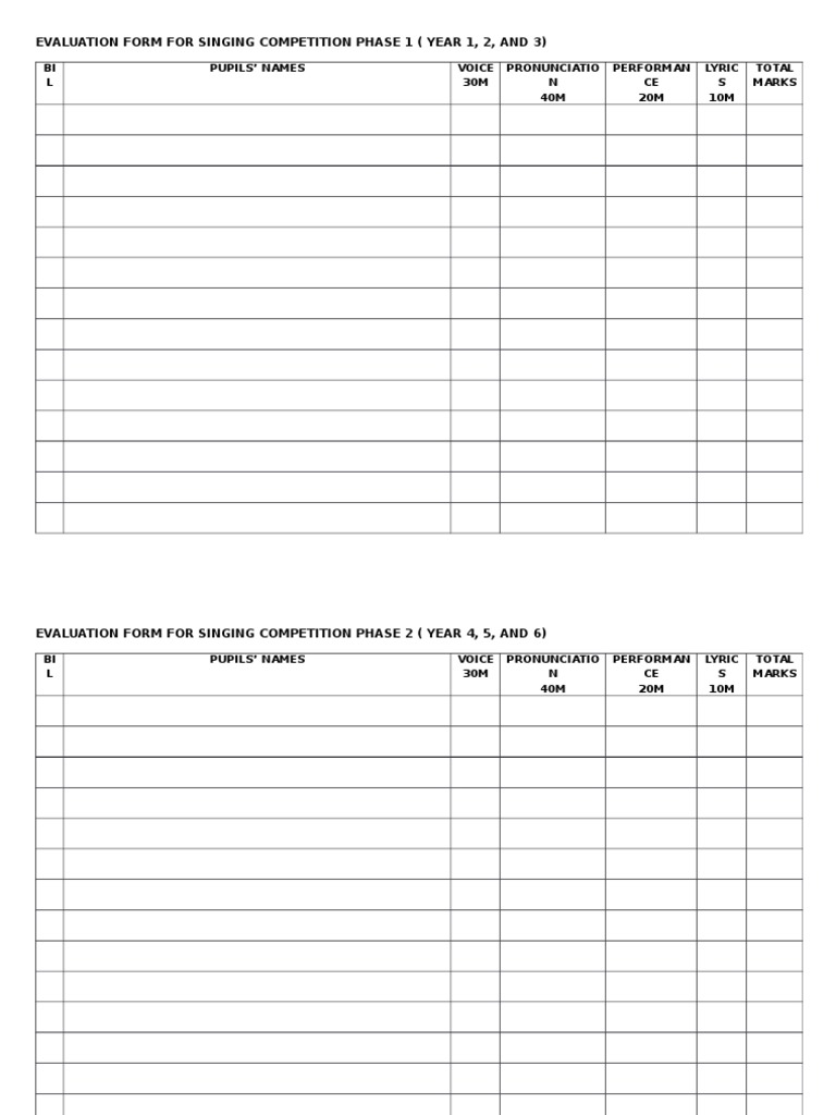 Evaluation Form For Singing Competition Phase 1 | PDF | Singing | Vocal ...