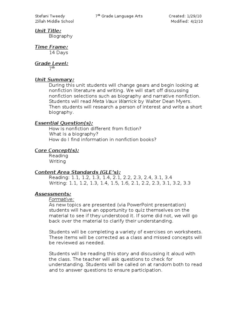 Unit Title:: Stefani Tweedy 7 Grade Language Arts Created: 1/29/10 ...