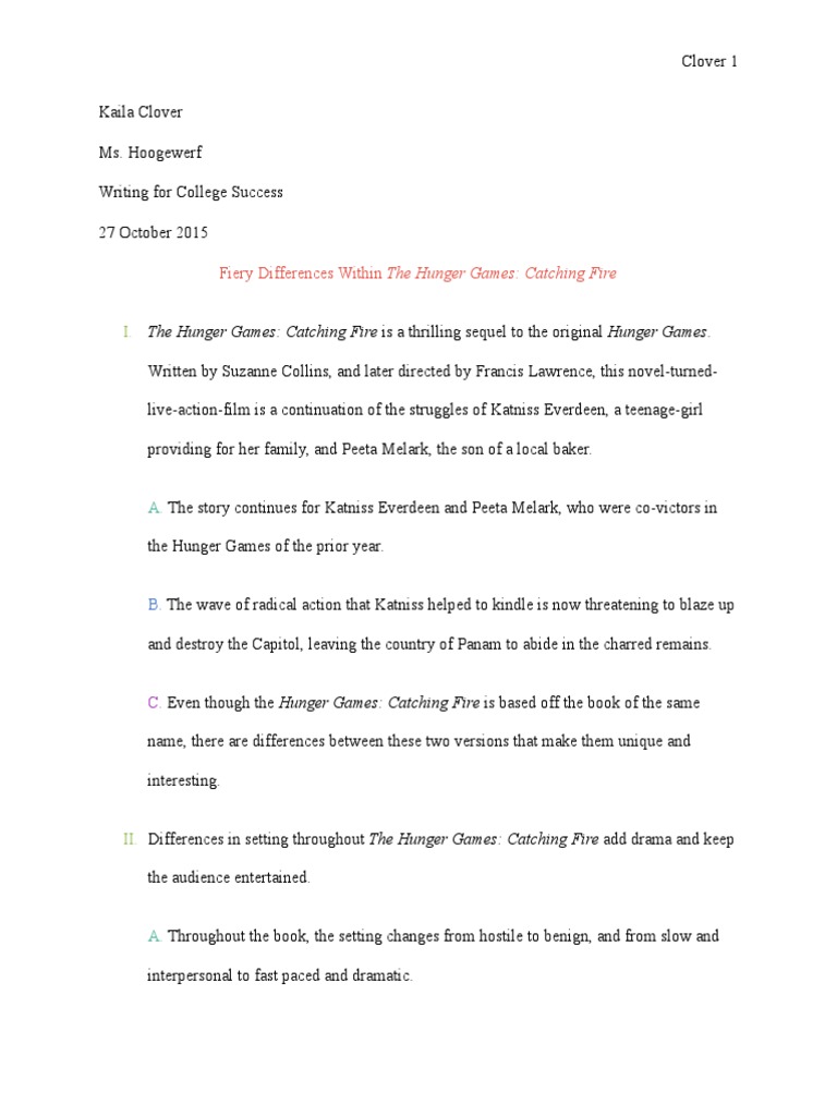 Compare and Contrast Essay Outline - The Hunger Games - Catching Fire ...