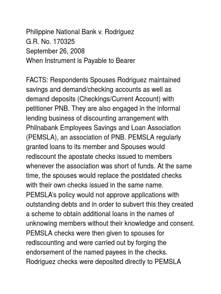 PNB v. Rodriguez Case Digest | PDF | Cheque | Government Information