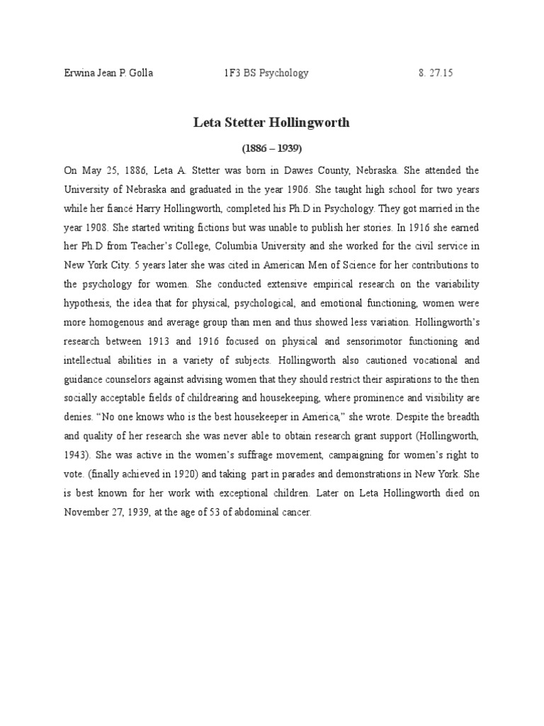 Leta Stetter Hollingworth: 3 BS Psychology 8. 27.15 | PDF | Cognition ...