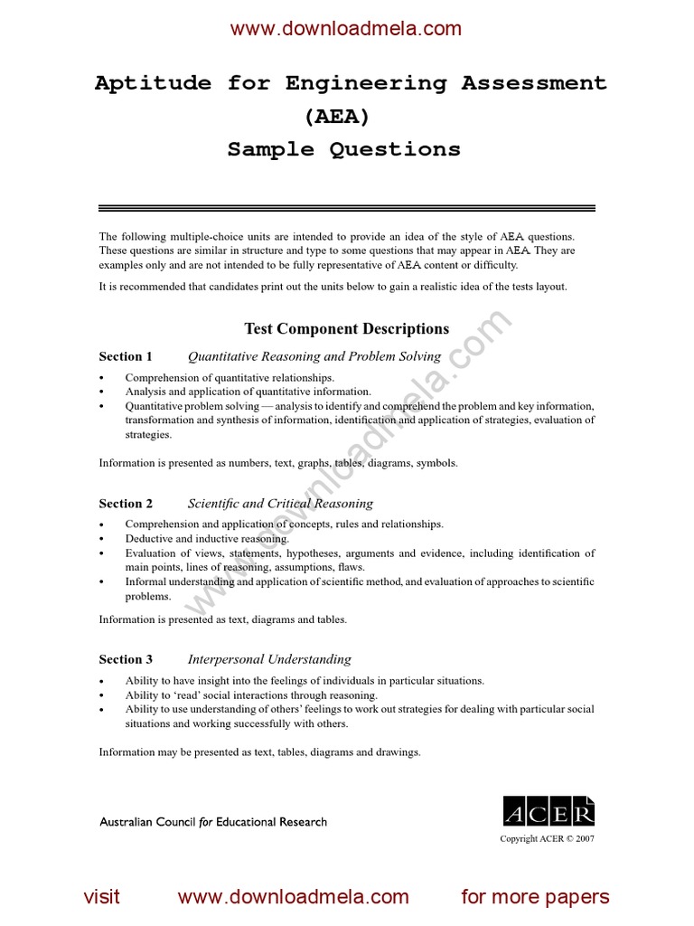 Aptitude For Engineering Assessment (AEA) Sample Questions: Test ...