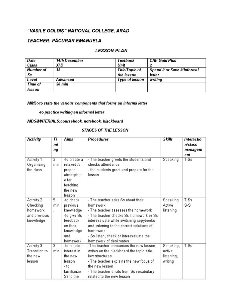 Informal Letter CAE Lesson Plan | PDF | Lesson Plan | Applied Psychology