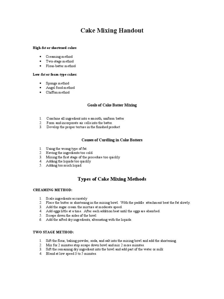 Cake Mixing Handout | PDF | Cakes | Food Ingredients