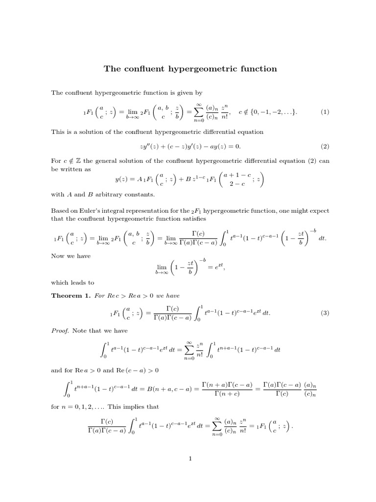 The Confluent Hypergeometric Function 1 1 B 1 2 1 1 N N N Pdf Integral Theorem