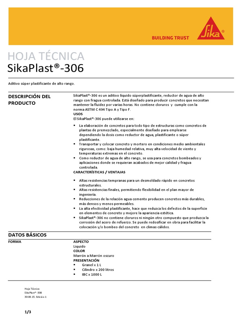 HT Sika Plast 306 | PDF | Hormigón | Cemento