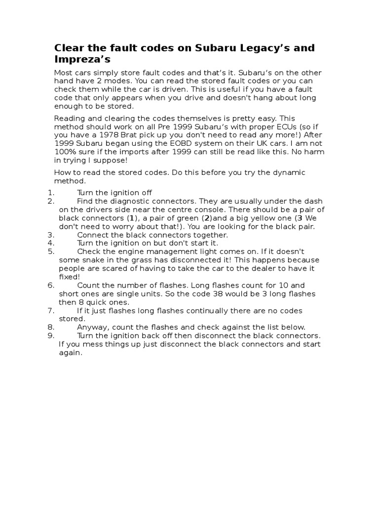 Clear The Fault Codes On Subaru Legacy's and Impreza's | PDF | Fuel ...