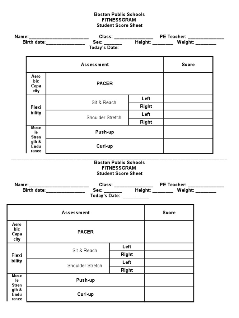 FITNESSGRAM Student Score Sheet | PDF | Career & Growth