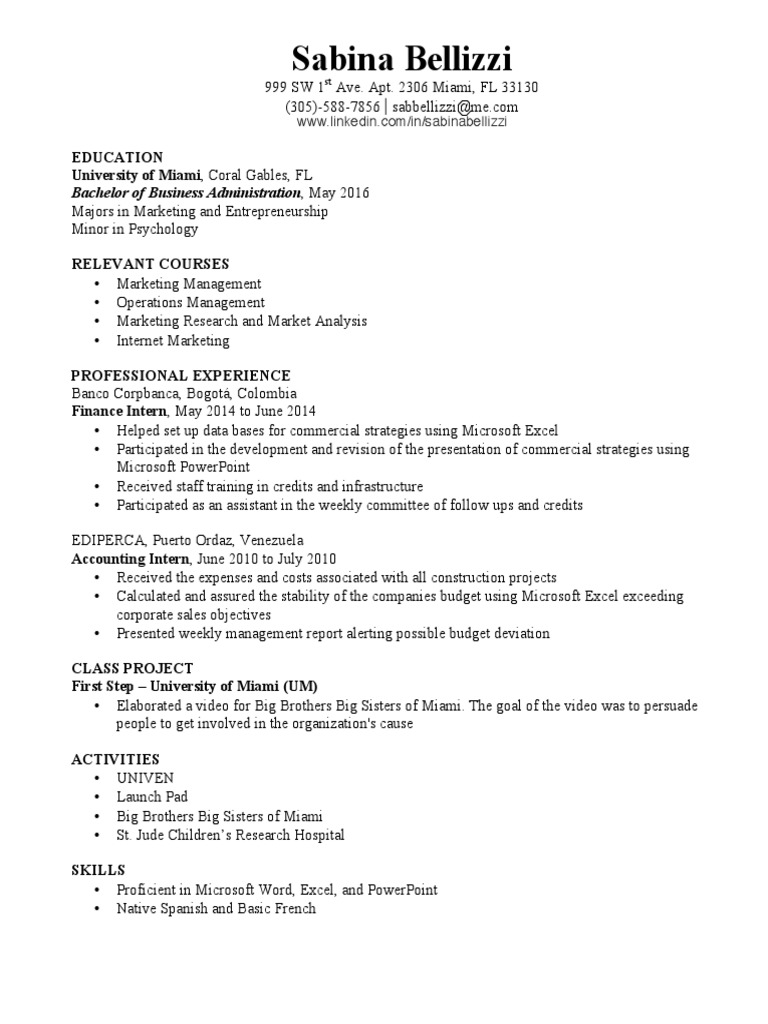 Sabina Bellizzi's Resume: Marketing & Finance Expertise | PDF