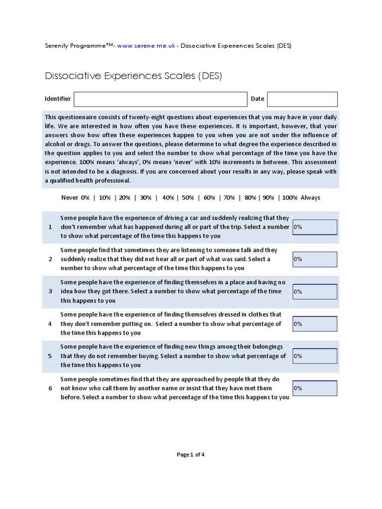 Serenity Programme™ - Dissociative Experiences Scales (DES) | PDF | Dissociation (Psychology ...