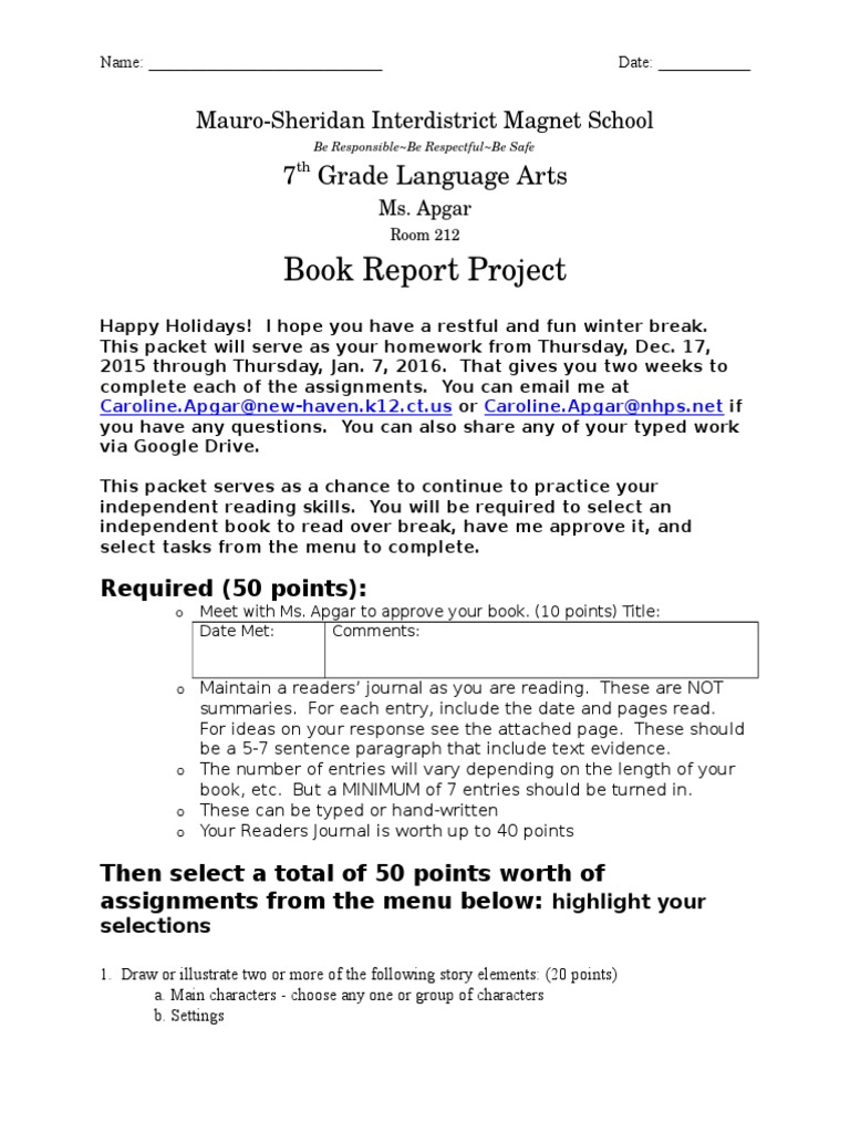 Winter Break Book Report | PDF | Homework | Communication