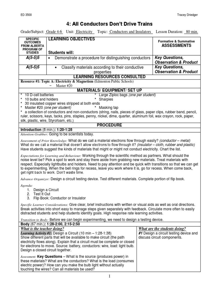 Conductors and Insulators Lesson Plan | PDF | Electrical Conductor ...