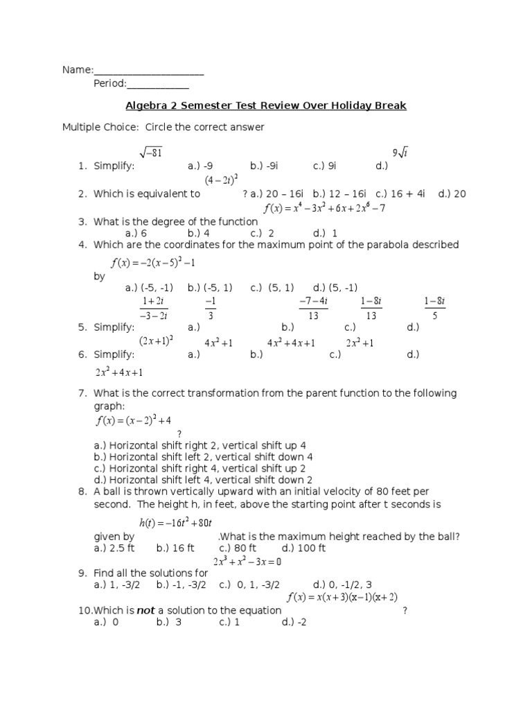 I FX X X X X: Algebra 2 Semester Test Review Over Holiday Break | PDF