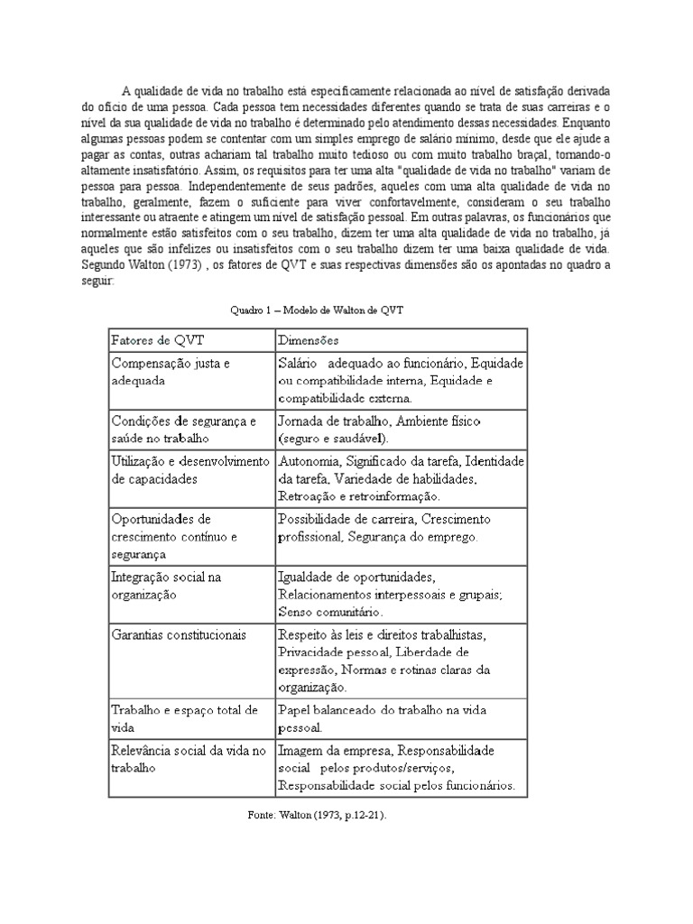 Fatores de QVT | PDF | Satisfação no trabalho | Qualidade (negócios)