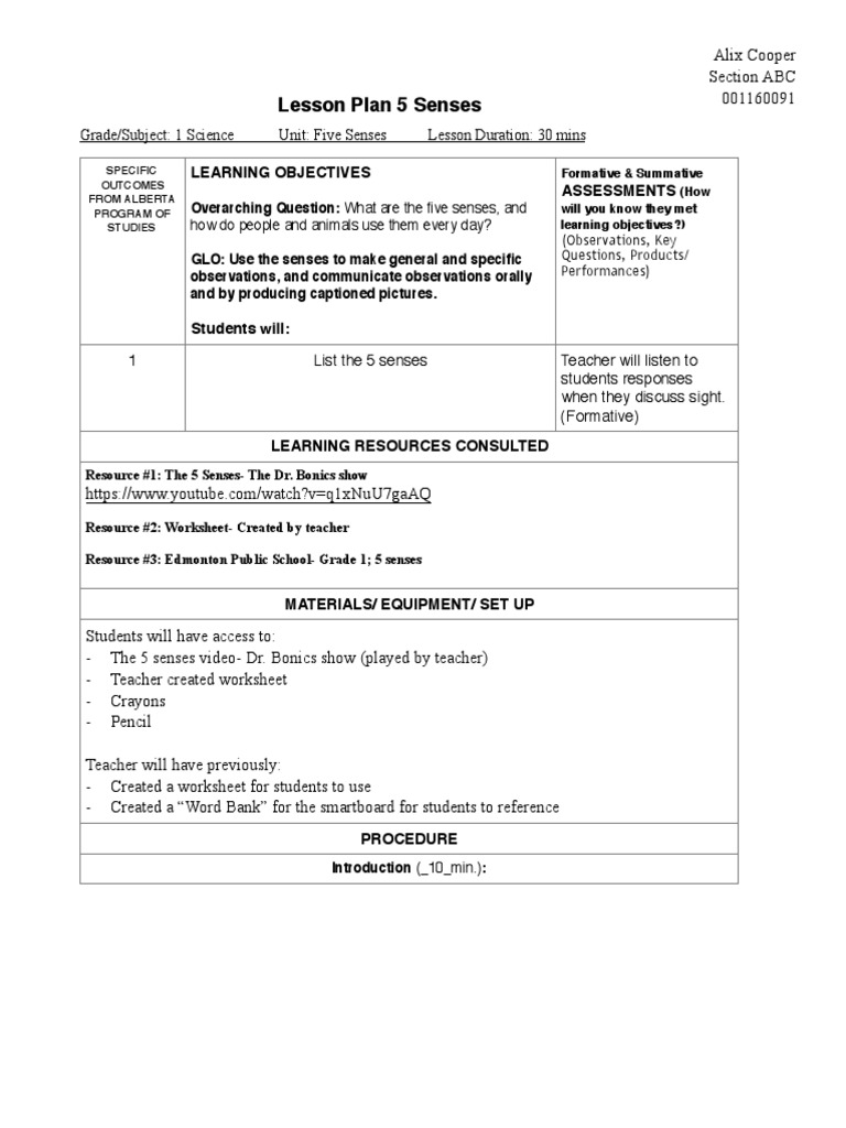 Lesson Plan 5 Senses: Learning Objectives Assessments | PDF ...
