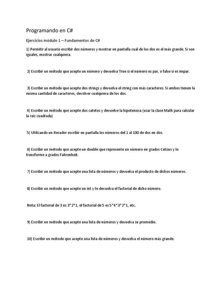 Ejercicios Módulo 1 - Fundamentos de C# - Programando en C# | PDF | C Sharp (lenguaje de ...