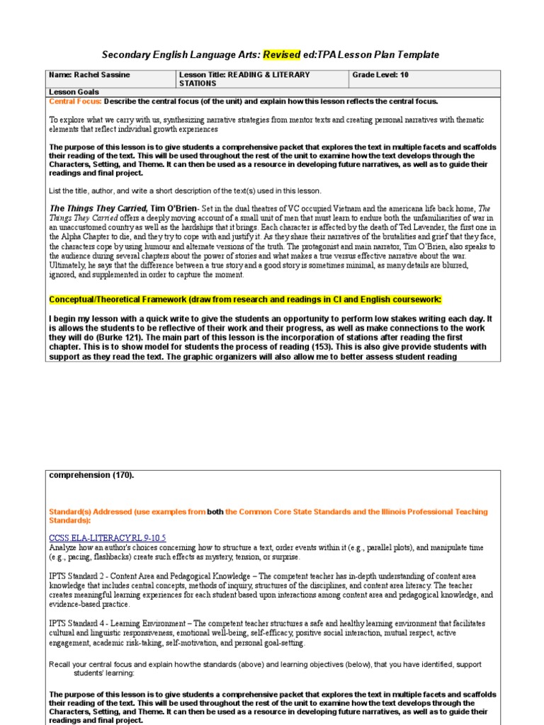 Secondary English Language Arts: Revised ed:TPA Lesson Plan Template ...