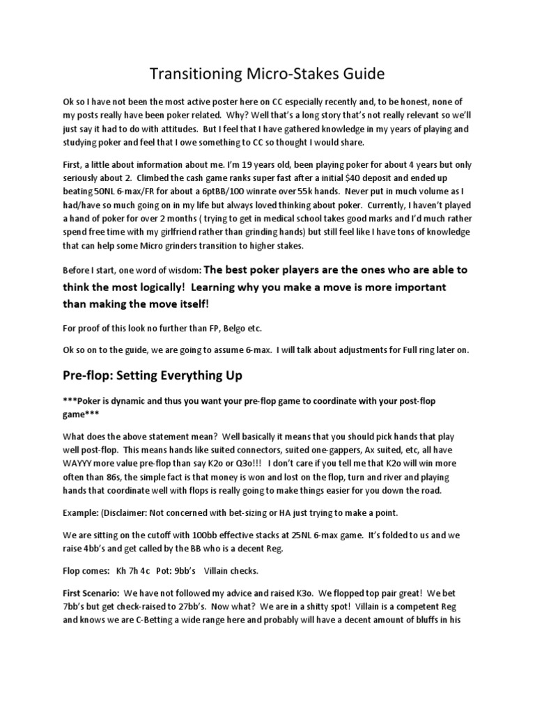 Micro Stakes Guide | PDF | Betting In Poker | Comparing Card Games