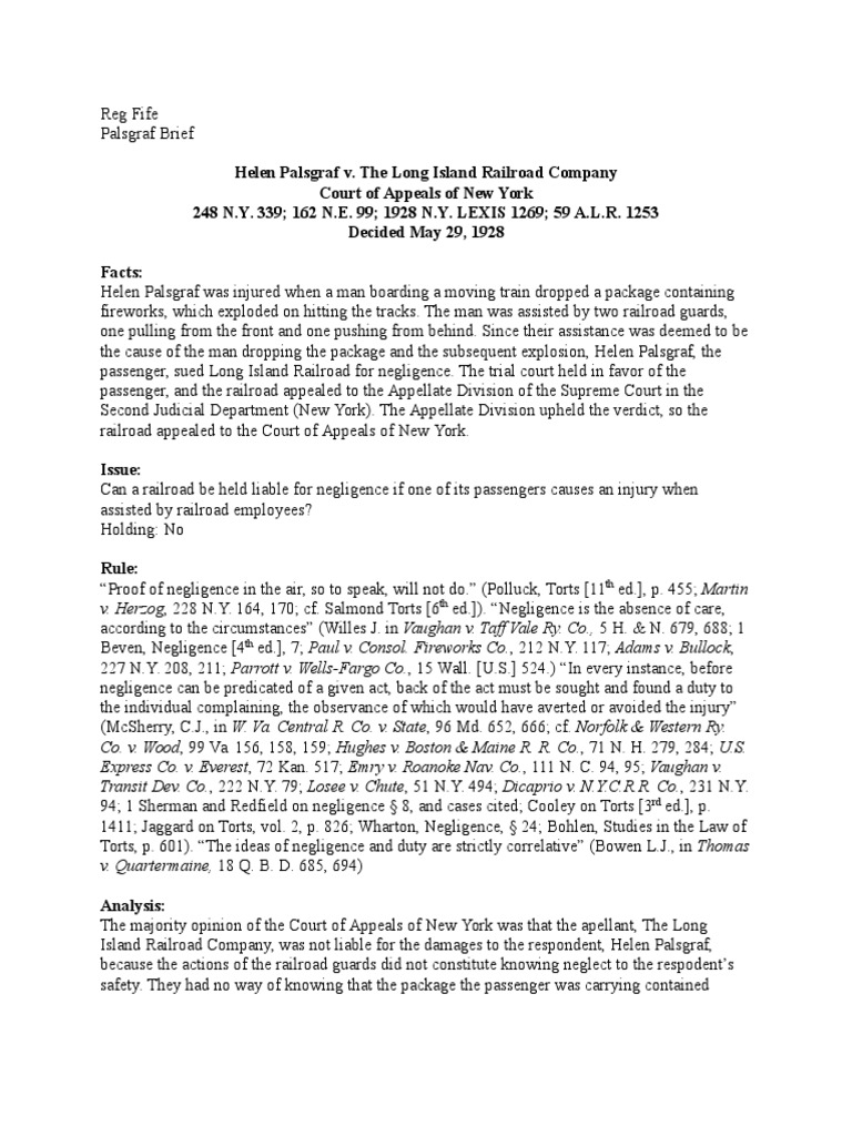 Palsgraf Brief | PDF | Negligence | Separation Of Powers