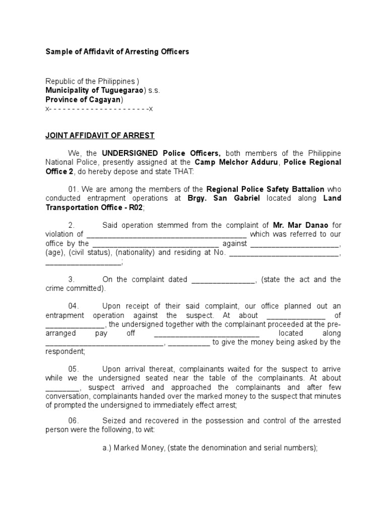 Sample of Affidavit of Arresting Officers | PDF | Affidavit | Social Institutions