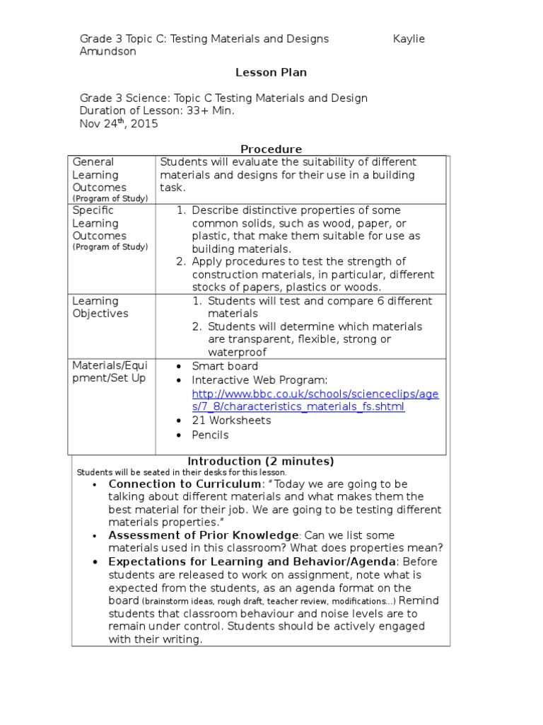 Lesson Plan - Science - Testing Materials and Design 1 | PDF | Lesson ...