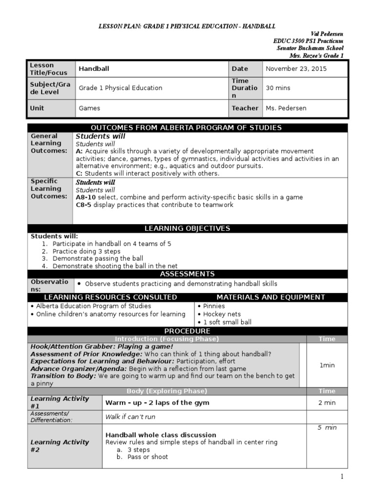 Grade 1 PE Handball Lesson Plan | PDF | Physical Education ...
