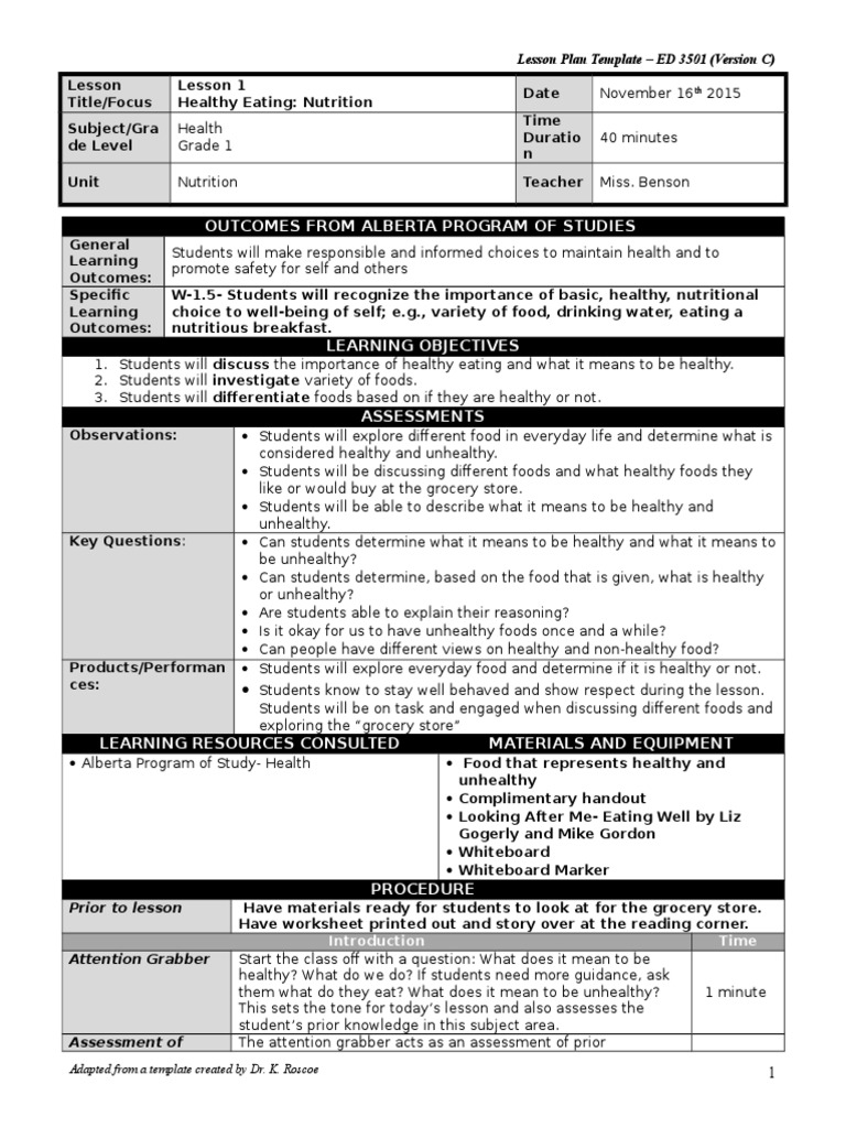 Grade 1 Health Lesson Plan 1 | PDF | Lesson Plan | Classroom