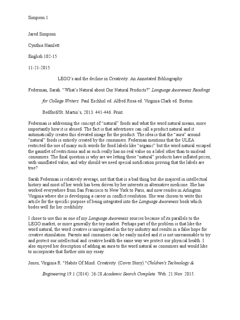 Eng 102 Annotated Bibliography Lego | PDF | Lego | Creativity