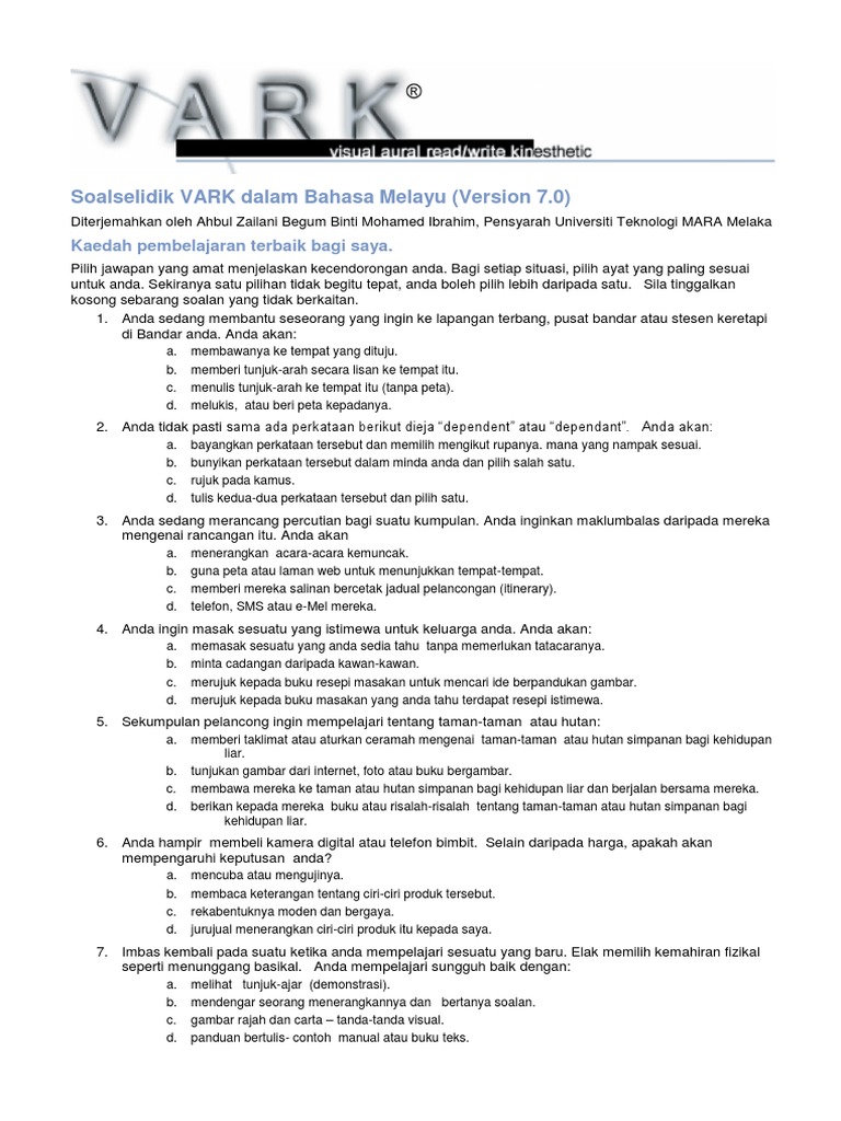 The VARK Questionnaire - Bahasa Melayu | PDF
