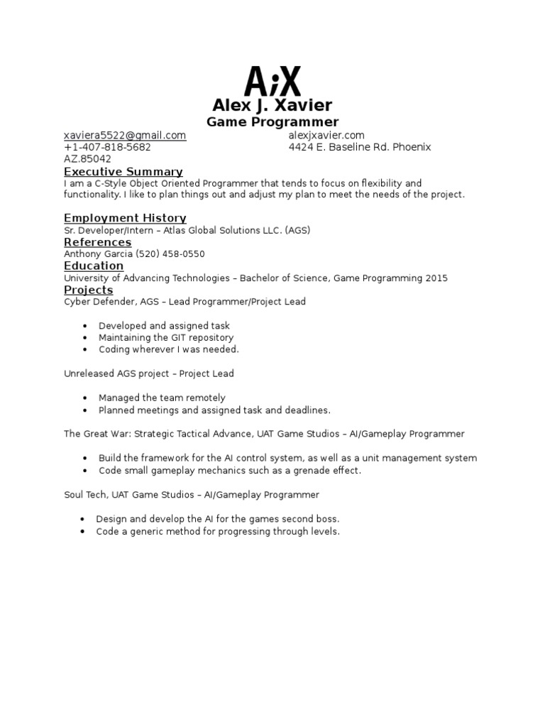 Game Programmer Alex J. Xavier Resume | PDF | Computers