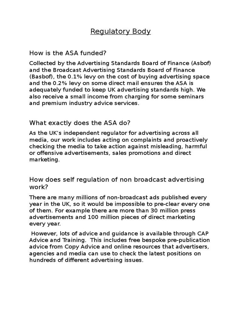 Regulatory Body: How Is The ASA Funded? | PDF | Direct Marketing | Tesco