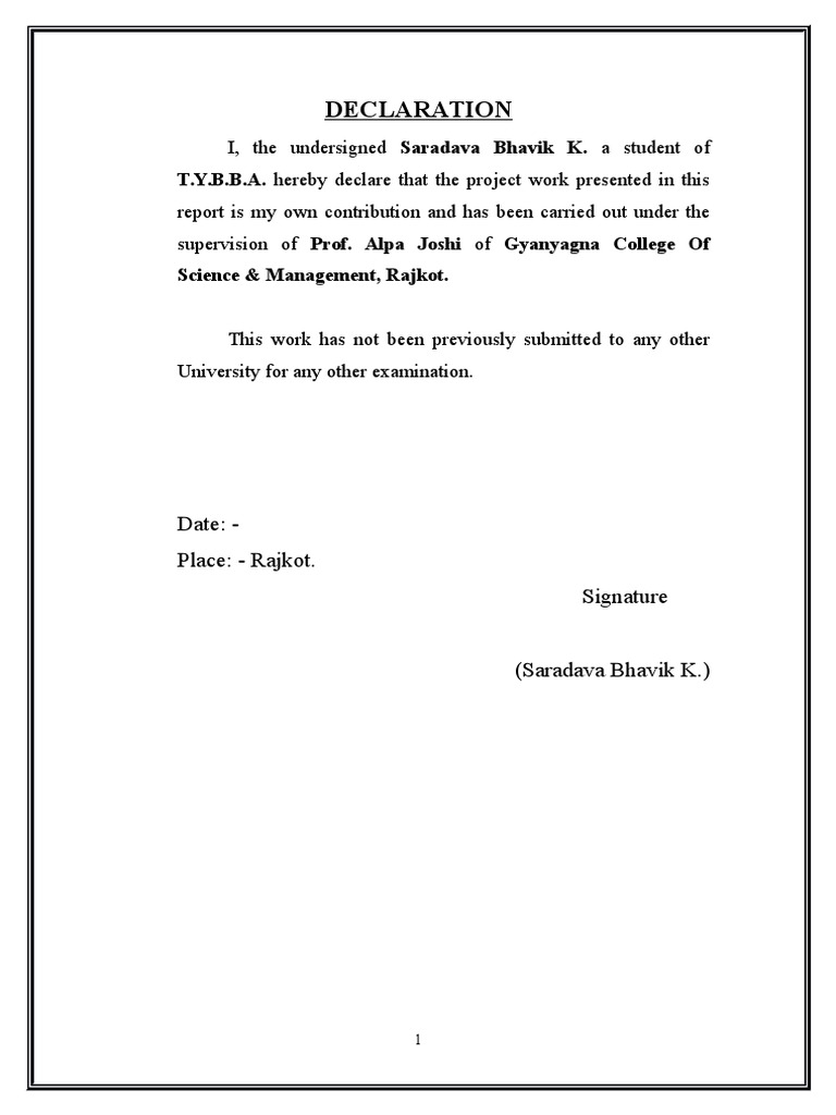 Declaration: T.Y.B.B.A. Hereby Declare That The Project Work Presented ...