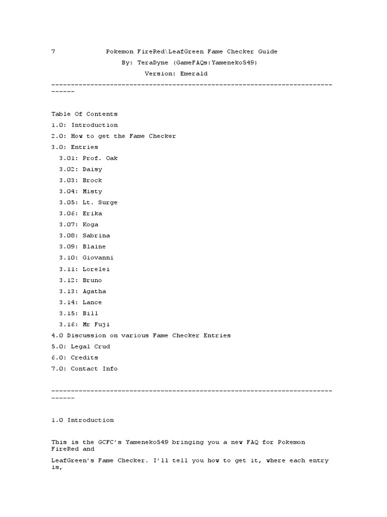 Pokemon Firered Leaf Green Version - Fame Checker | PDF | Pokémon ...