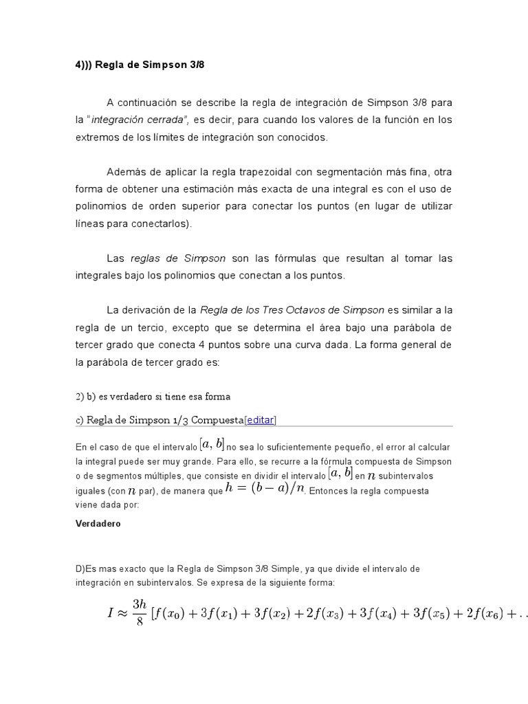 4) ) ) Regla de Simpson 3/8: Editar | PDF | Integral | Relaciones matematicas