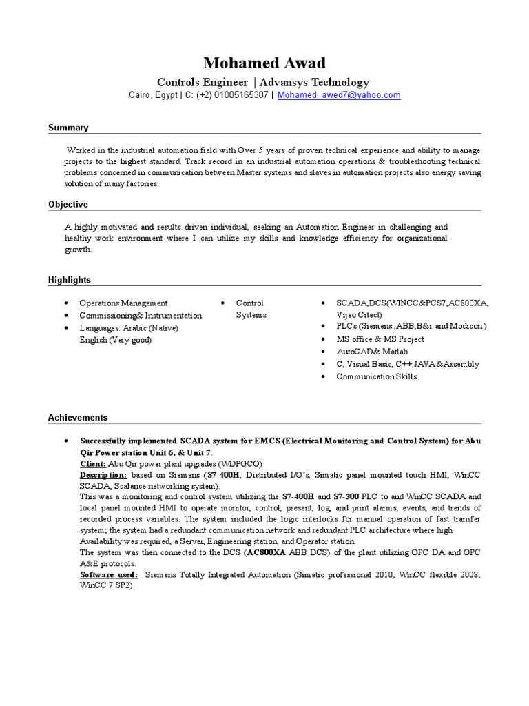 CV Mohamed Awad | PDF | Scada | Automation