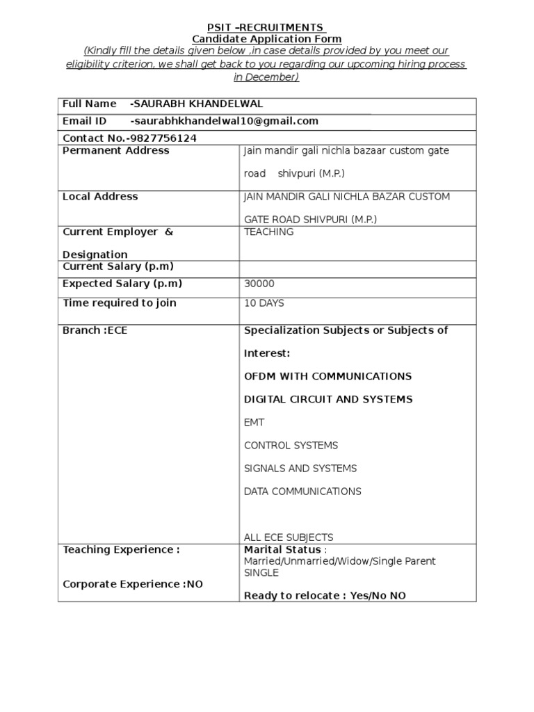 PSIT Recruitment Application Form | PDF